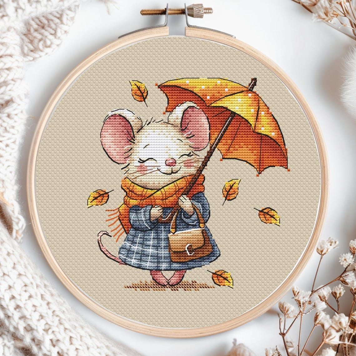 Fall Mouse Cross Stitch Patterns Autumn Baby Animal for Children Mice ...