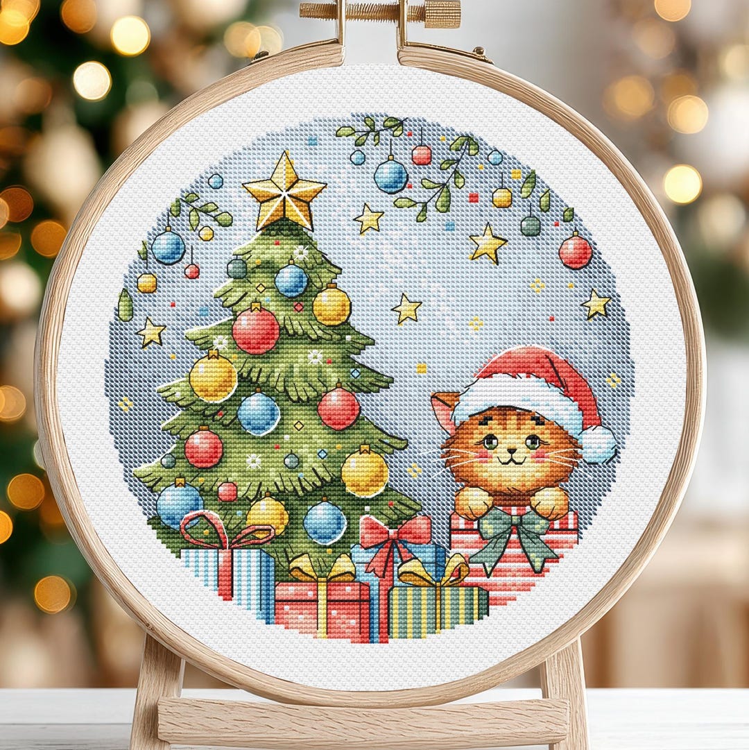 Christmas Cat Cross Stitch Pattern Christmas Tree Animal Winter Scene ...