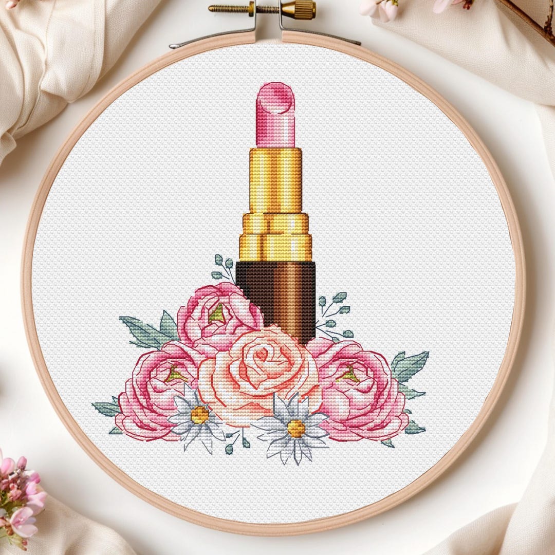 Flower Lipstick Cross Stitch Pattern Pdf for Woman Fashion Makeup Rose ...