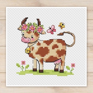 Cow Cross Stitch Pattern Farm Animal Small Mini Tiny Red Card Summer ...