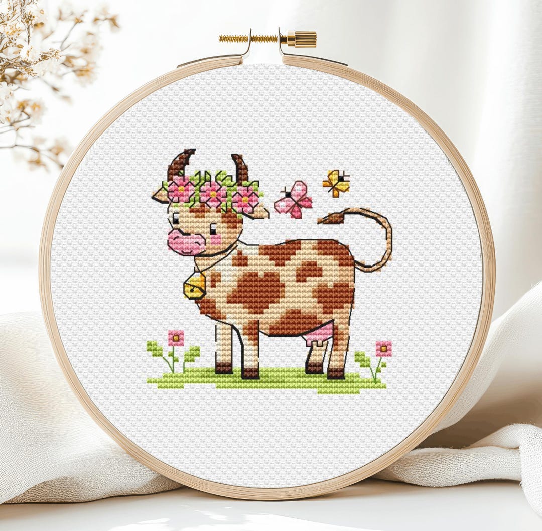 Cow Cross Stitch Pattern Farm Animal Small Mini Tiny Red Card Summer ...
