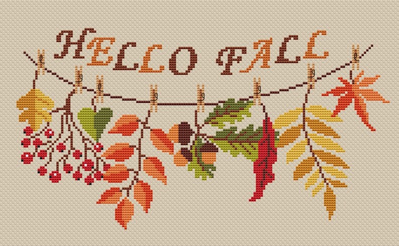 Autumn Leaves Cross Stitch Pattern PDF Hello Fall Plants for - Etsy