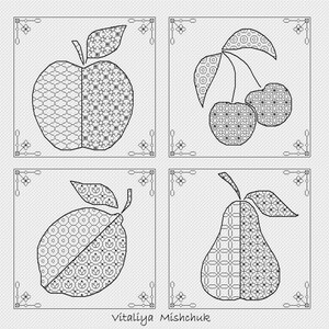 Blackwork Cross Stitch Pattern Fruits Apple Cherry Lemon for Kitchen X ...