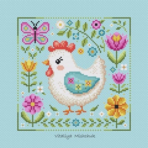 Chicken Cross Stitch Patterns Hen Sampler Spring Bird Primitive Flower ...