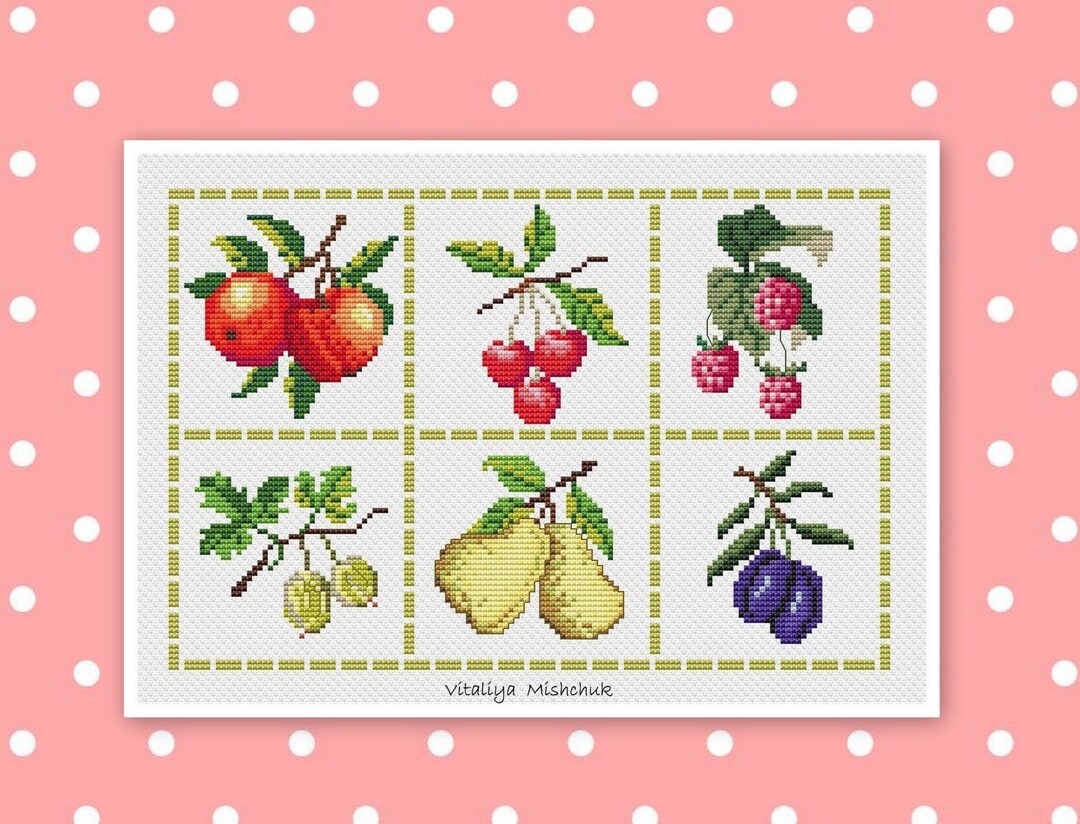 Fruits Cross Stitch Pattern PDF Kitchen Apples Cherries Raspberries Berries Summer Set Pear Plum ...