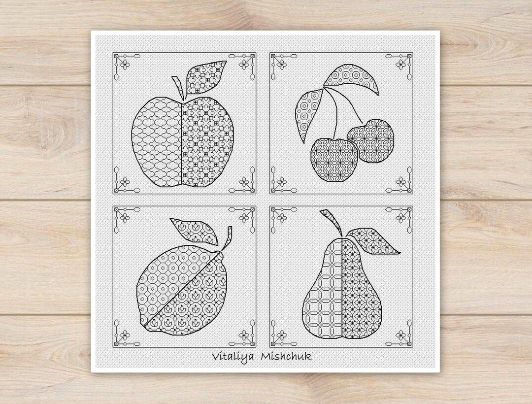 Blackwork Cross Stitch Pattern Fruits Apple Cherry Lemon for Kitchen X ...