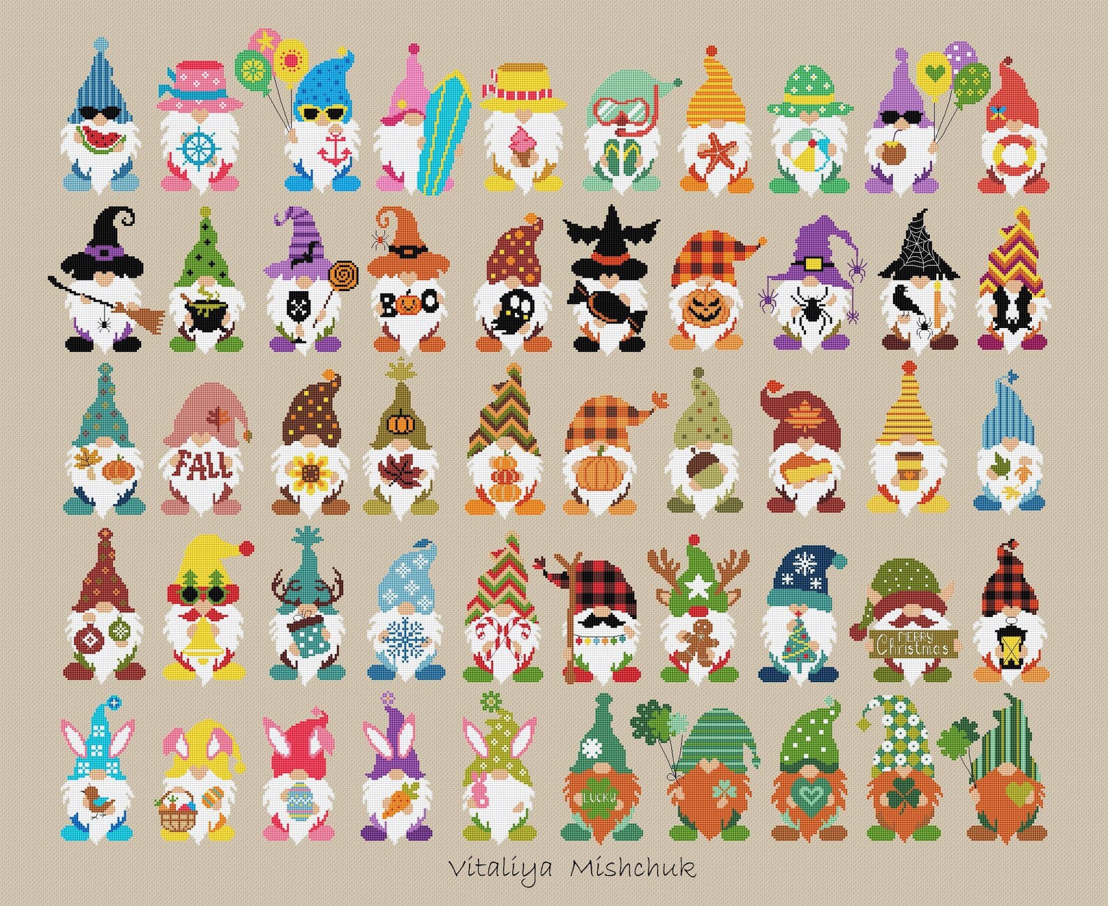 Gnome Cross Stitch Pattern PDF Set Collection Summer Christmas Easter ...