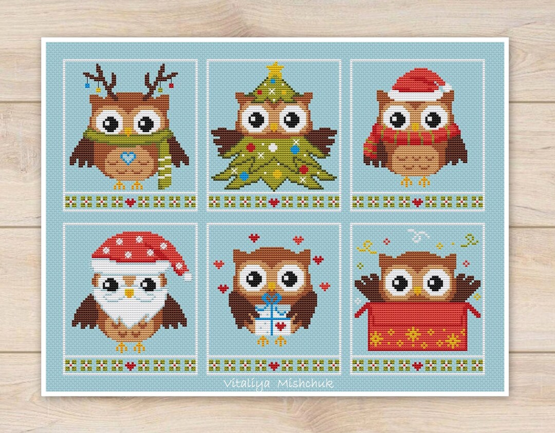 Christmas Owl Cross Stitch Pattern Christmas Birds Easy Primitive ...