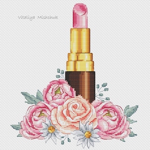 Flower Lipstick Cross Stitch Pattern Pdf for Woman Fashion Makeup Rose ...