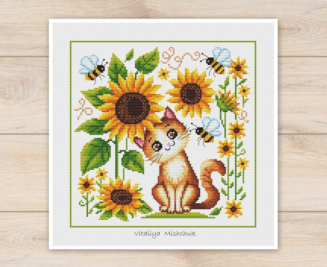 Sunflower Cat Cross Stitch Patterns Flower Sampler Simple Easy Summer ...