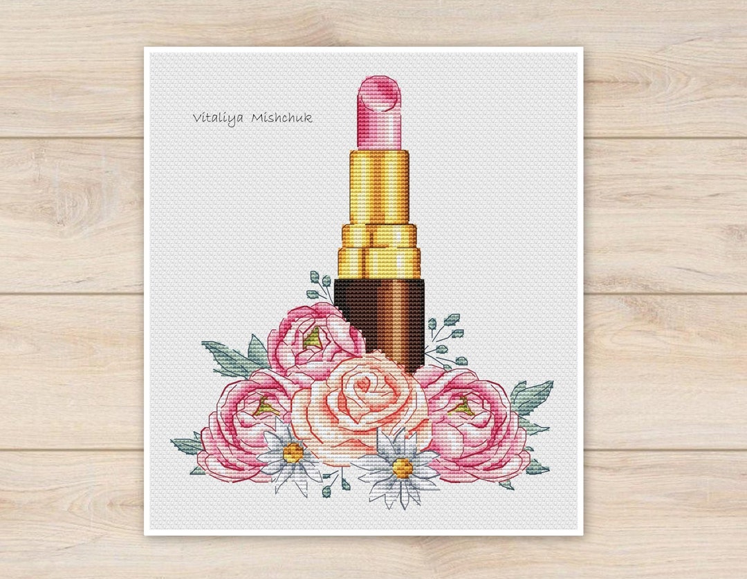 Flower Lipstick Cross Stitch Pattern Pdf for Woman Fashion Makeup Rose ...