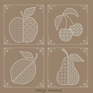 Blackwork Cross Stitch Pattern Fruits Apple Cherry Lemon for Kitchen X ...