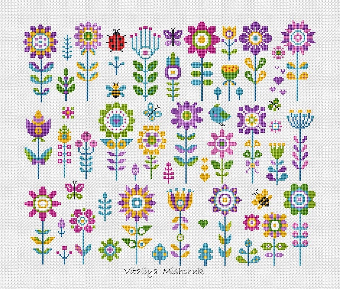 Small Flower Cross Stitch Pattern Floral Folk Mini Set Garden - Etsy