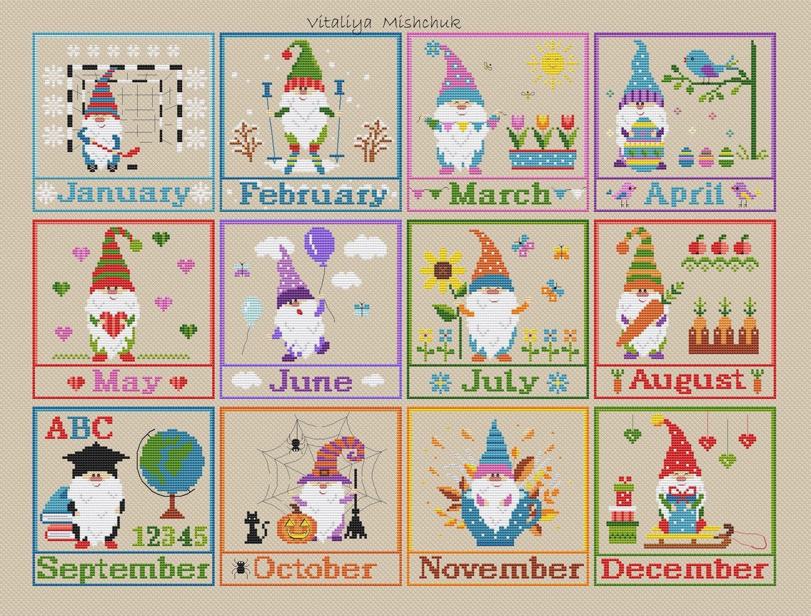 Month Gnome Cross Stitch Pattern PDF Calendar Season Easy Simple ...
