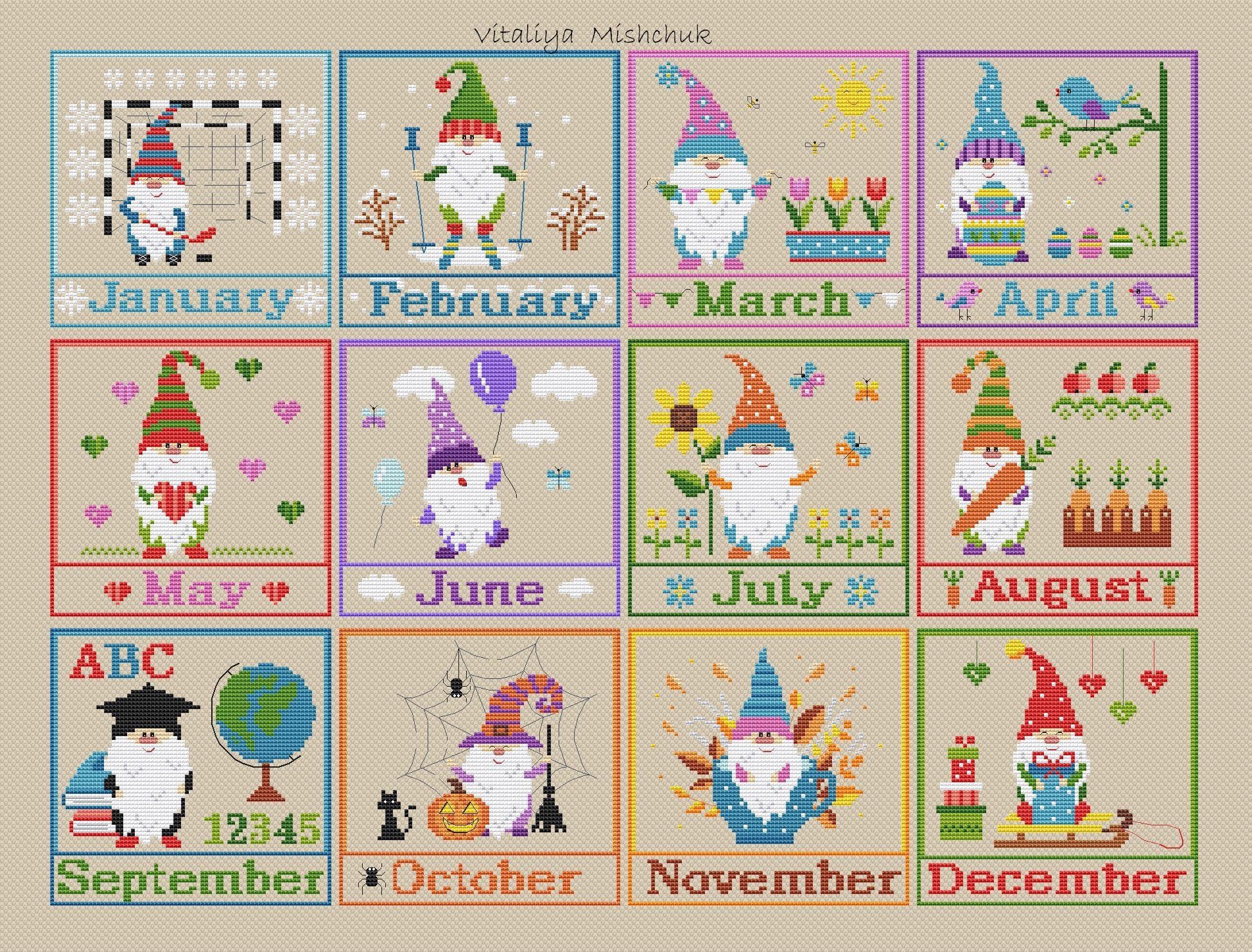 Month Gnome Cross Stitch Pattern PDF Calendar Season Easy - Etsy