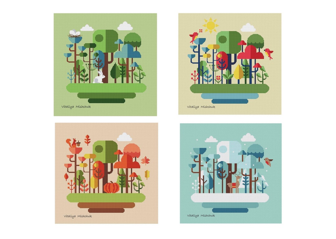 Four Seasons Cross Stitch Pattern Modern Landscape Nature Winter Spring ...