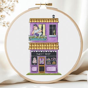 Sweet Shop Cross Stitch Pattern House Cafe Dessert Showcase Retro Cake ...