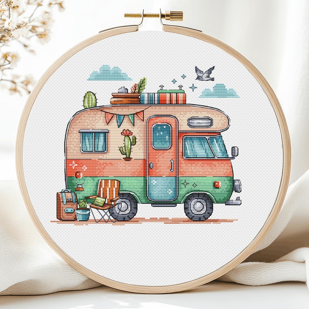 Camping Cross Stitch Pattern Camper Camp Travel Car America American ...