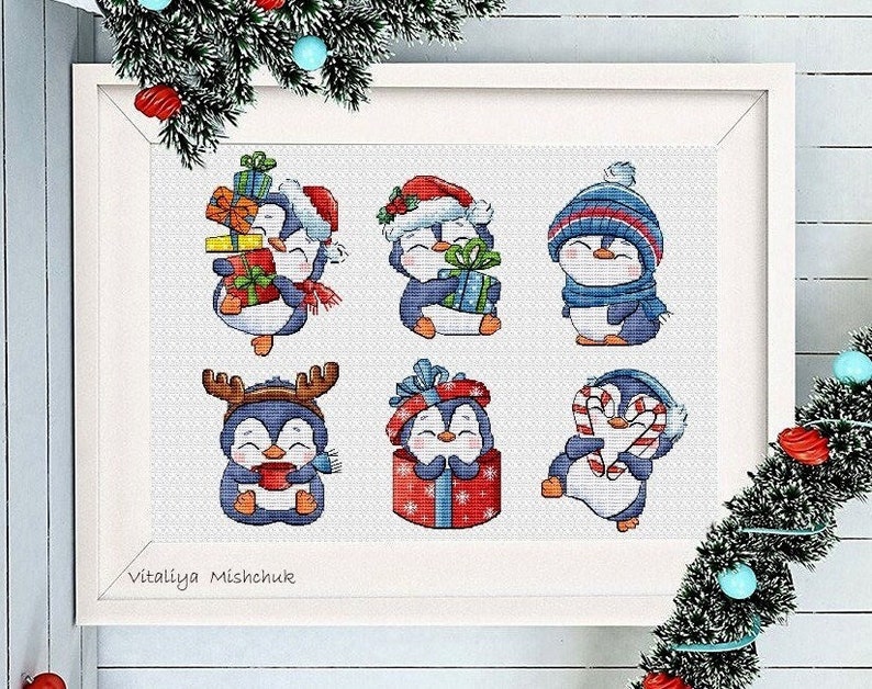 Christmas Penguin Cross Stitch Pattern Cards Penguins Animal - Etsy