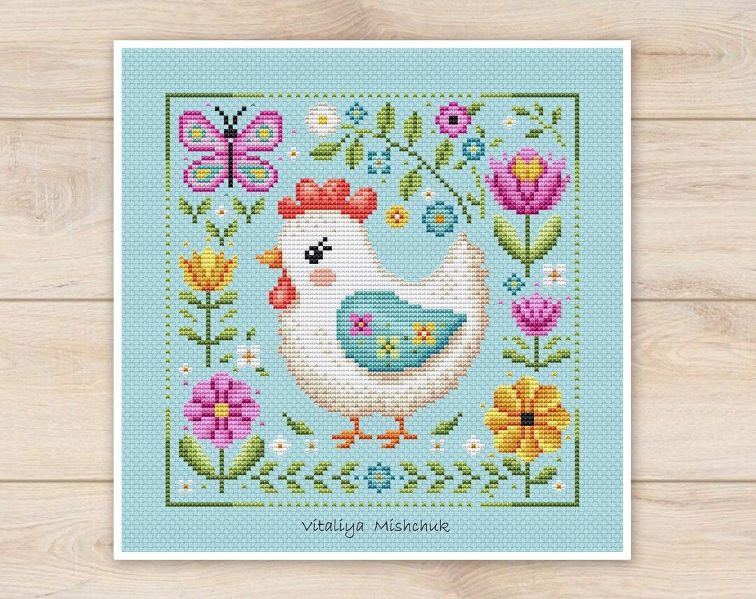 Chicken Cross Stitch Patterns Hen Sampler Spring Bird Primitive Flower ...