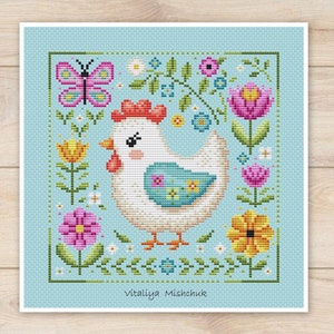 Chicken Cross Stitch Patterns Hen Sampler Spring Bird Primitive Flower ...