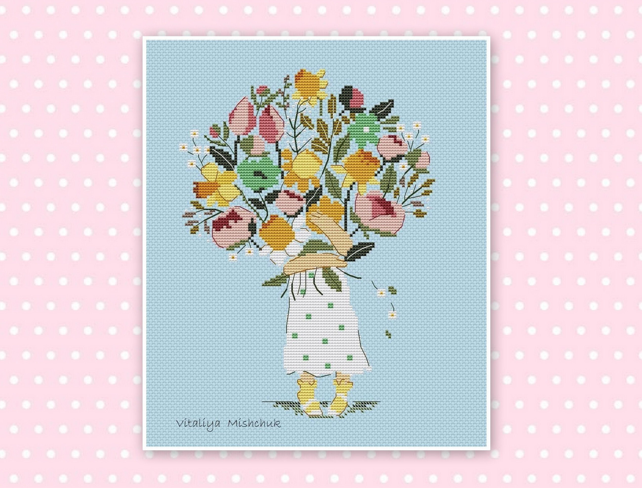 Girl With Flowers Cross Stitch Pattern PDF Summer Cute for - Etsy