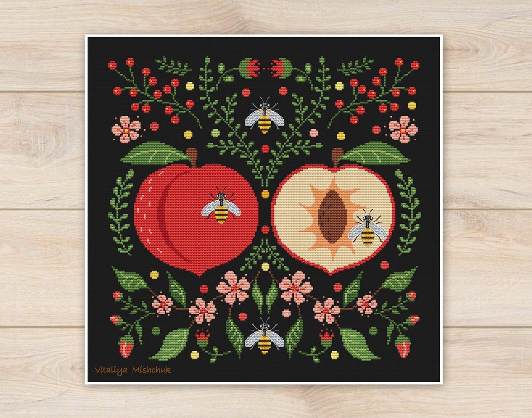 Apples Botanical Cross Stitch Pattern Bee Sampler Fruits Plants Folk ...