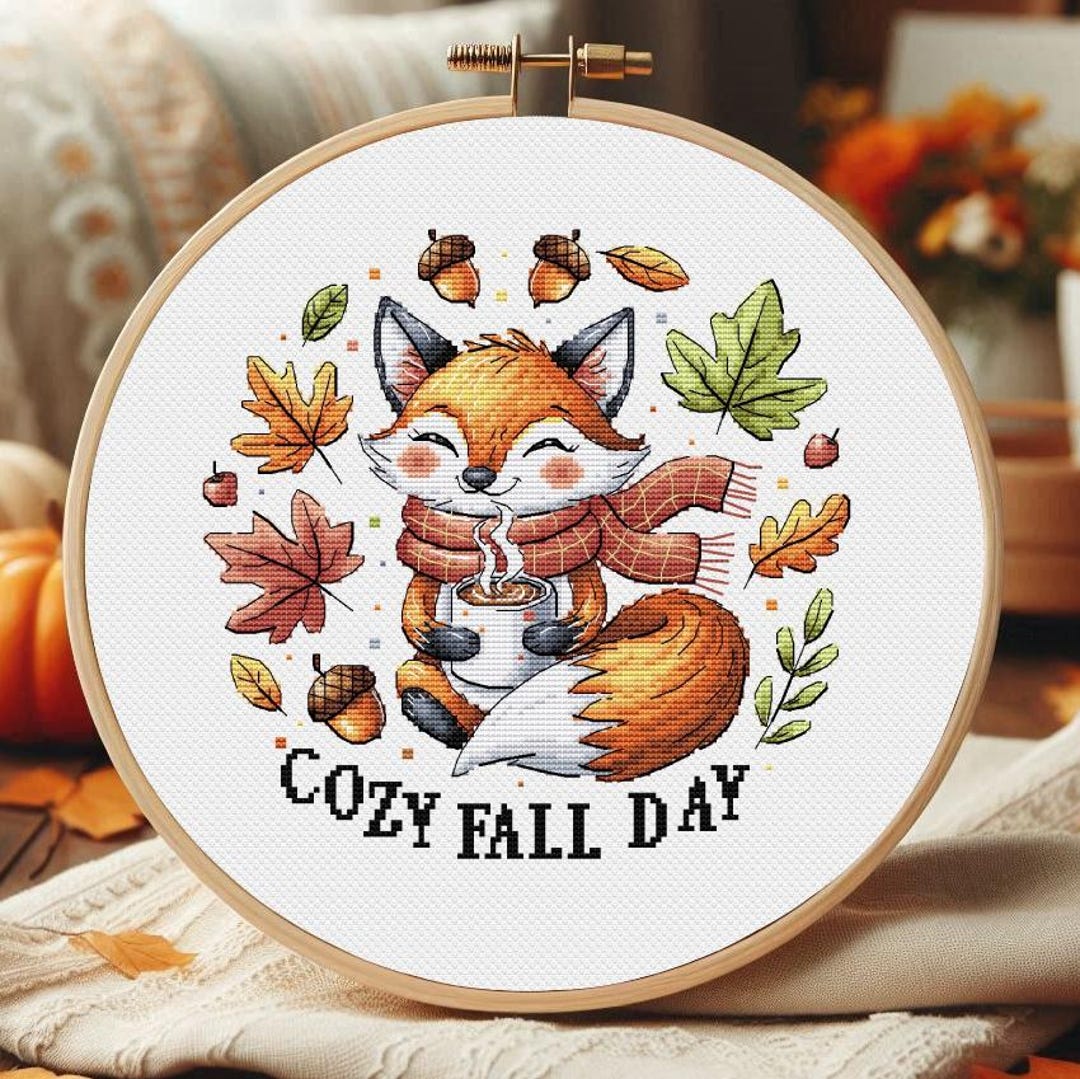Fall Fox Cross Stitch Patterns Autumn Cozy Forest Animal Leaf Sampler ...