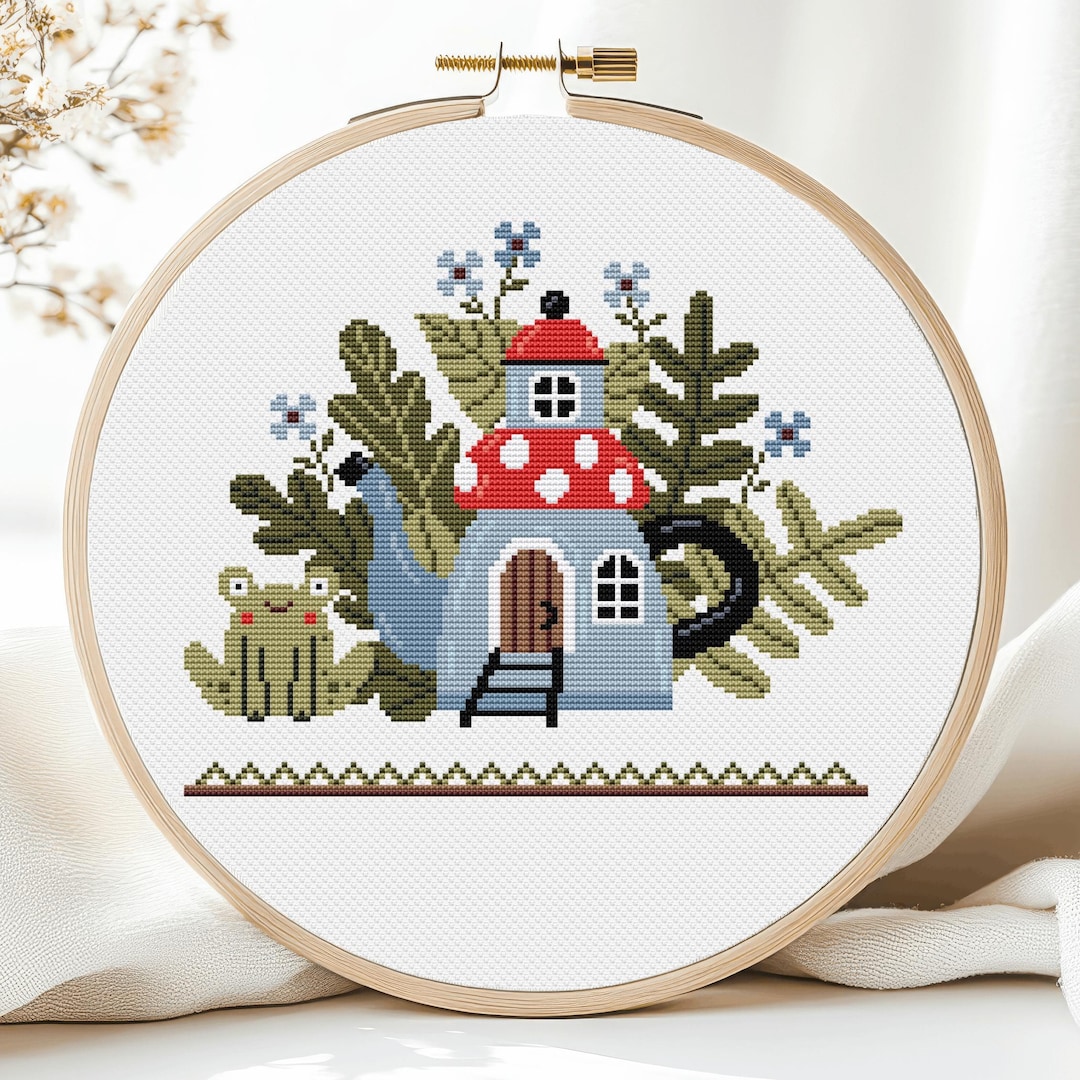 Teapot House Cross Stitch Pattern PDF Forest Frog Mushrooms Autumn Tea Fairytale Easy Simple ...