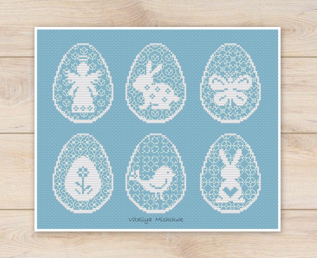 Easter Egg Cross Stitch Patterns Set 6 Easy Bunny Rabbit Angel Simple Monochrome Blackwork Small ...
