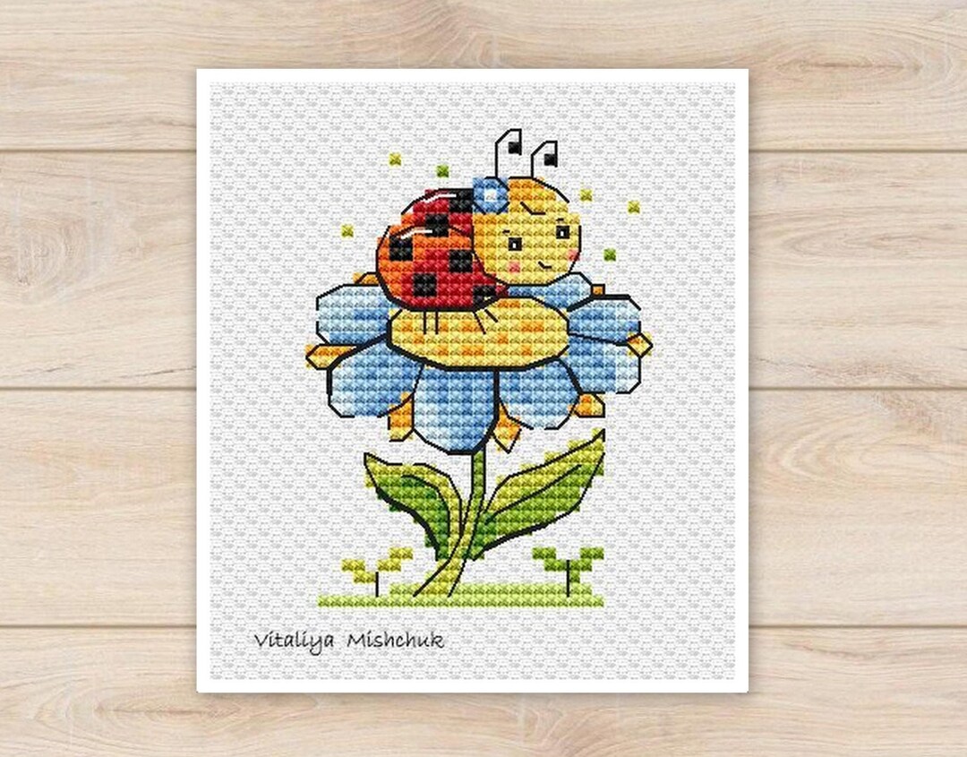 Ladybug Cross Stitch Pattern for Kids Room Small Mini Tiny Child Flower ...