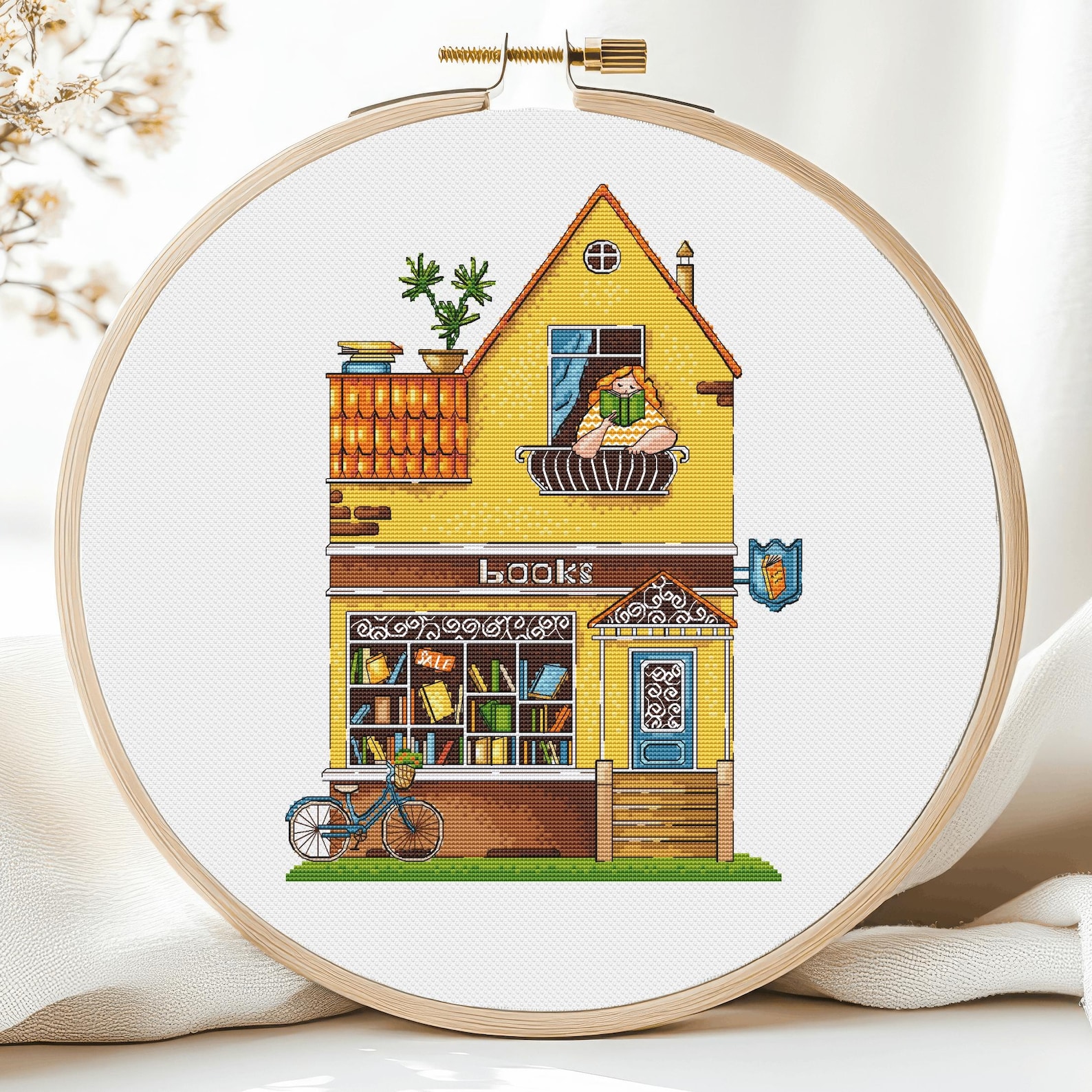 Book Houses Cross Stitch Pattern Books Library Girl Shop Showcase Summer Set Modern Colorful ...
