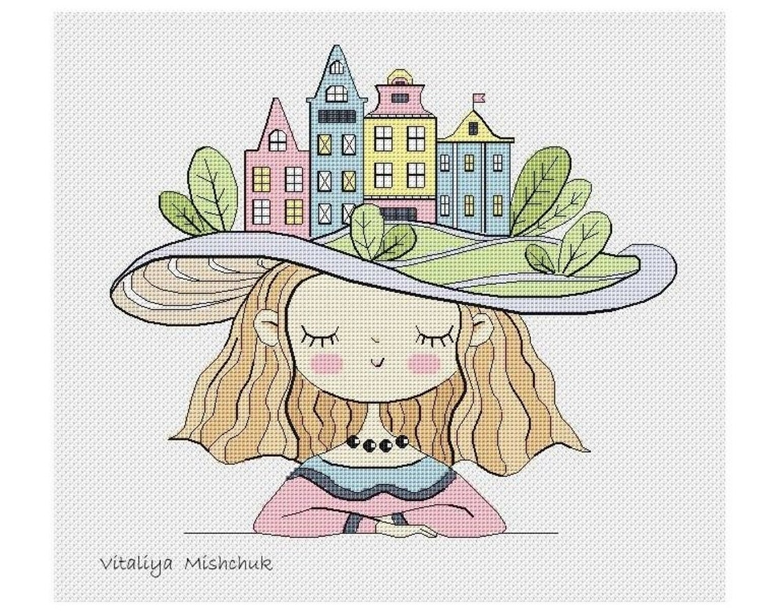 Girl Cross Stitch Patterns PDF City for Kids Girl Room in Hat - Etsy