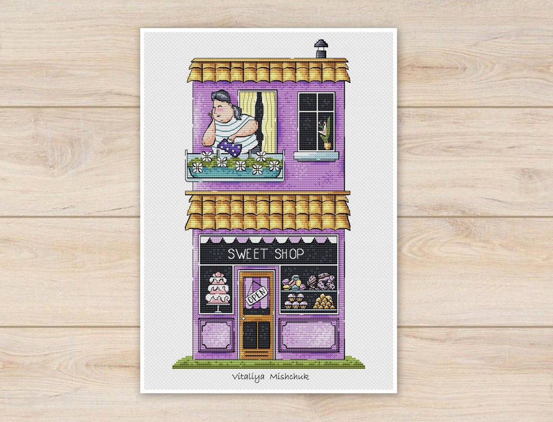 Sweet Shop Cross Stitch Pattern House Cafe Dessert Showcase Retro Cake ...
