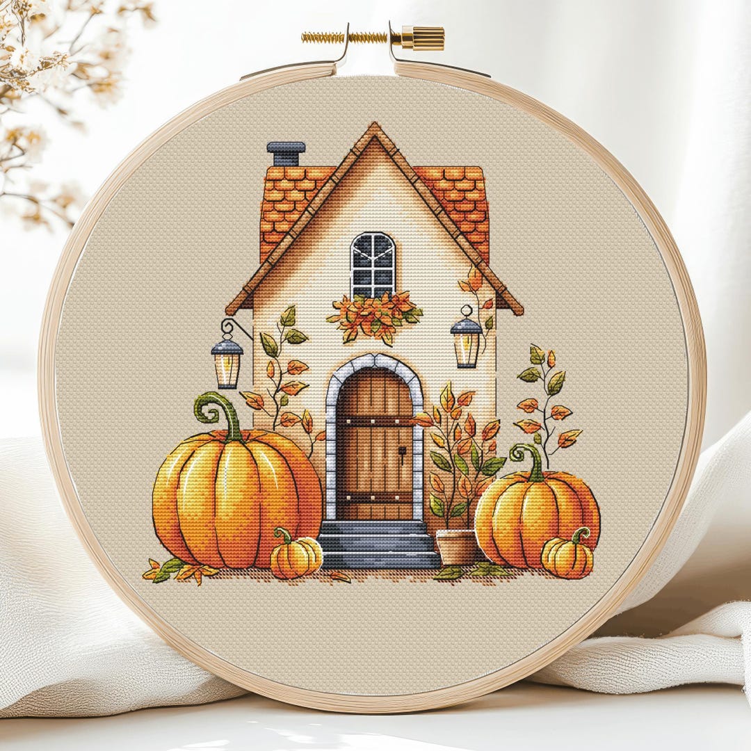 Autumn House Cross Stitch Pattern Fall Pumpkin PDF Leaf Victorian ...