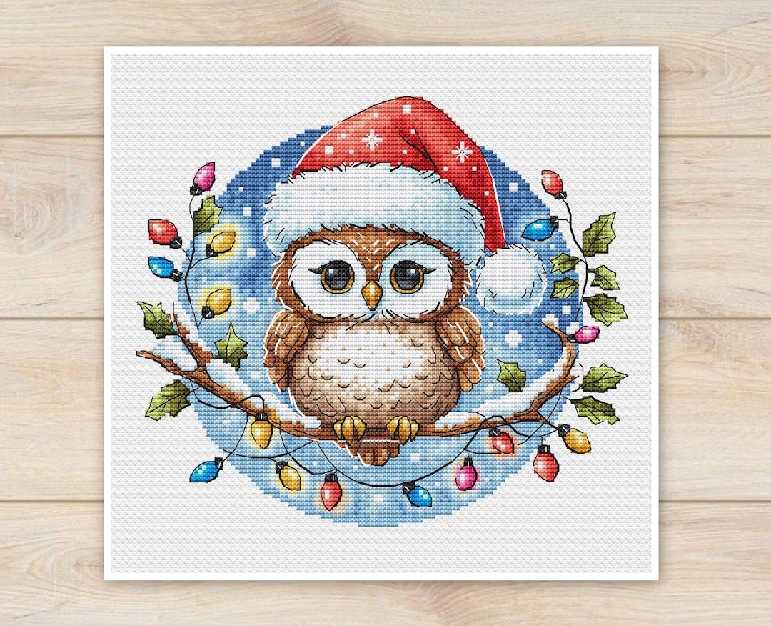 Christmas Owl Cross Stitch Pattern Christmas Birds Animal Winter Santa Xmas Scene Garland ...