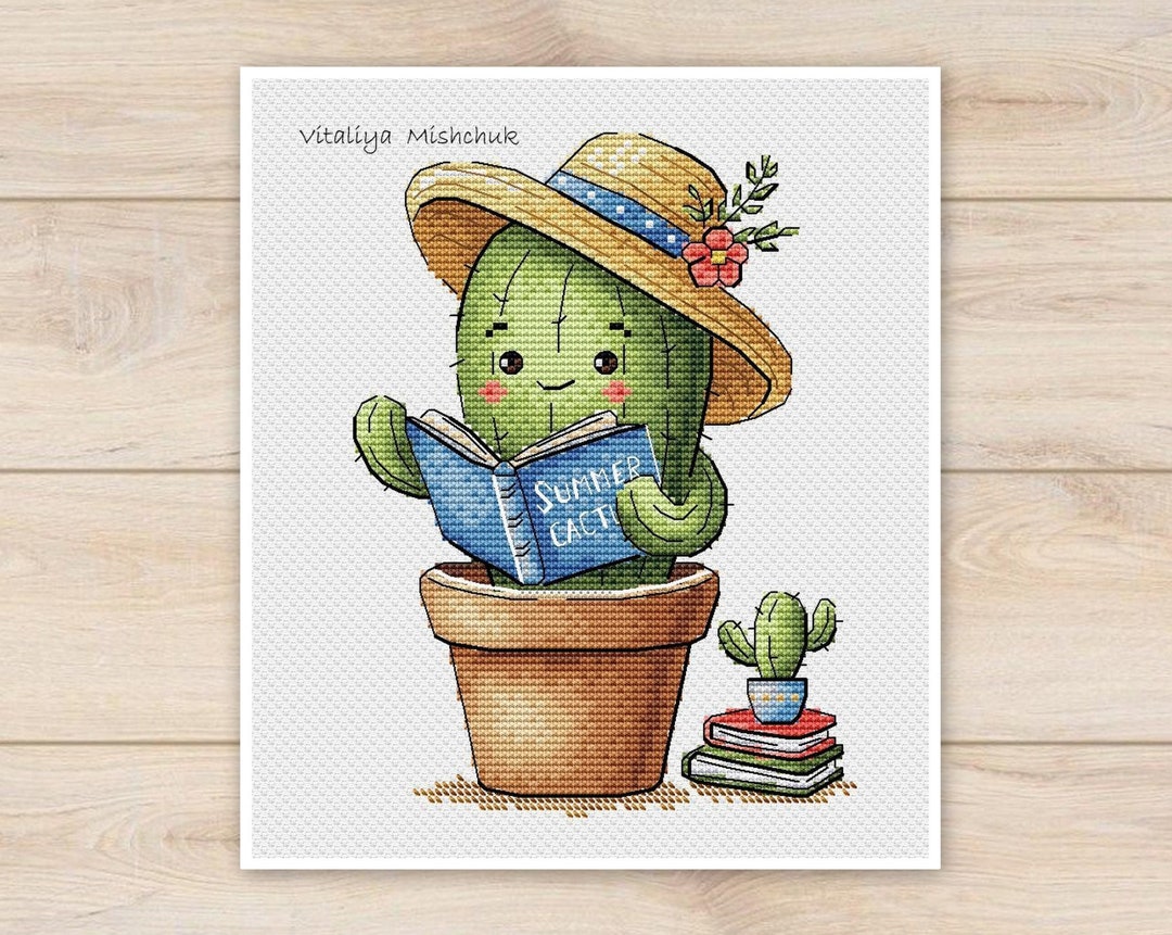Cactus Book Cross Stitch Pattern Succulent Plants Reading Books Floral ...