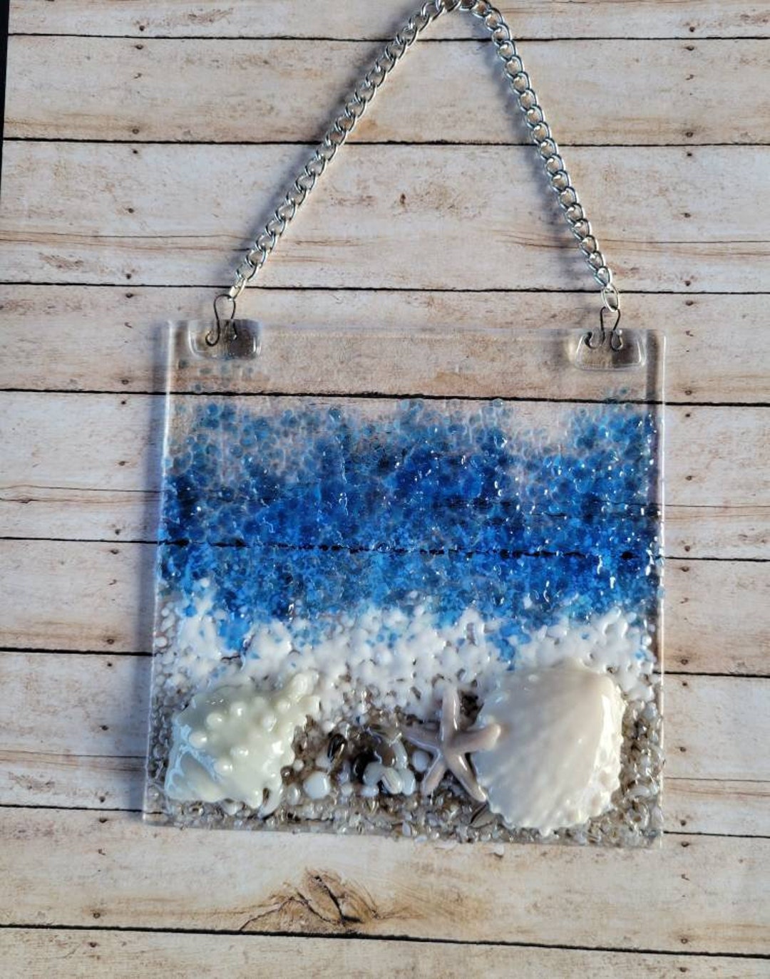 Fused Glass Beach Scene, Ocean Suncatcher, Sea Scapes, Seashell Wall ...