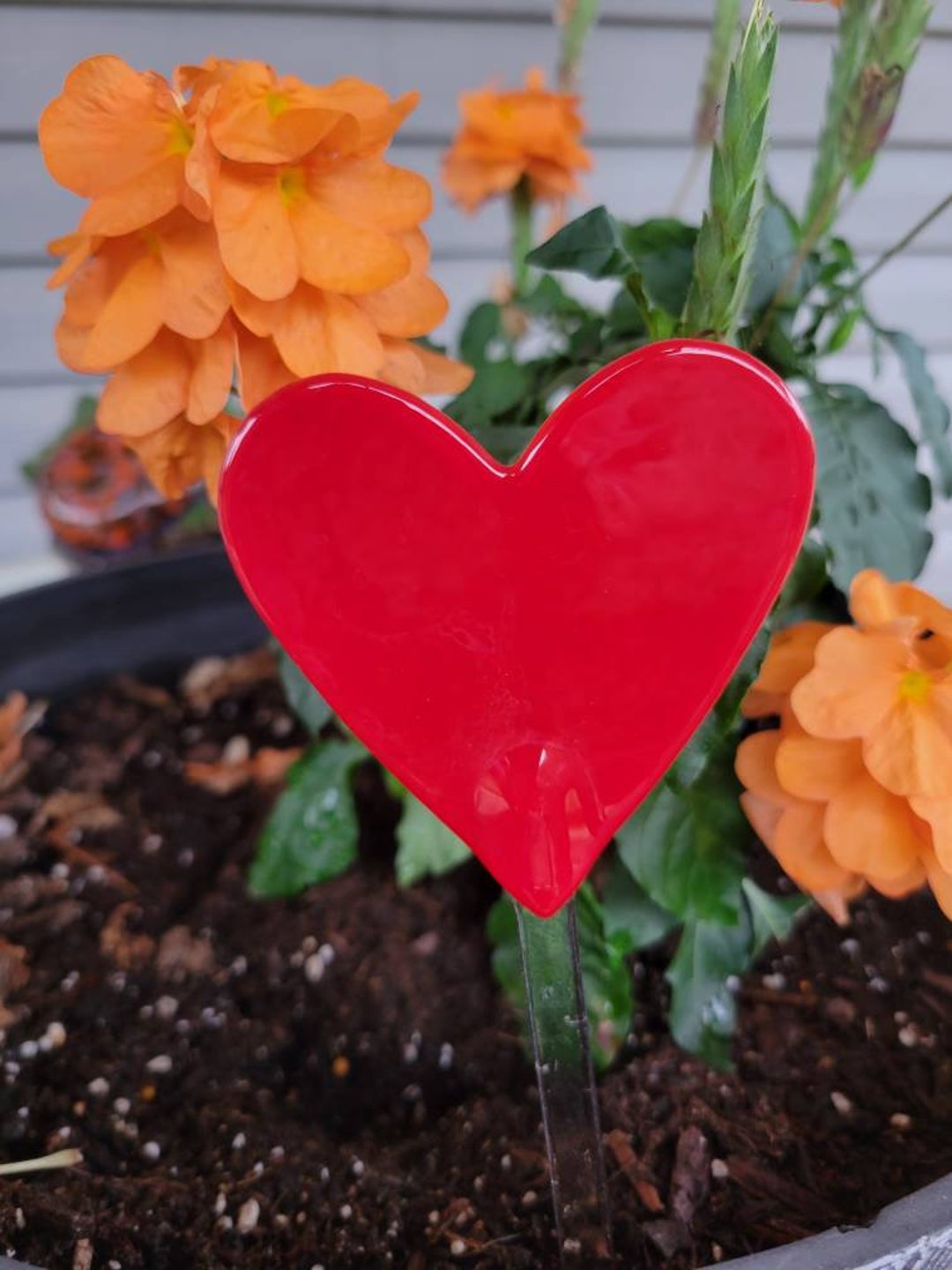 Fused Glass Plant Stake, Red Heart Glass Plant Decoration, Garden Art ...