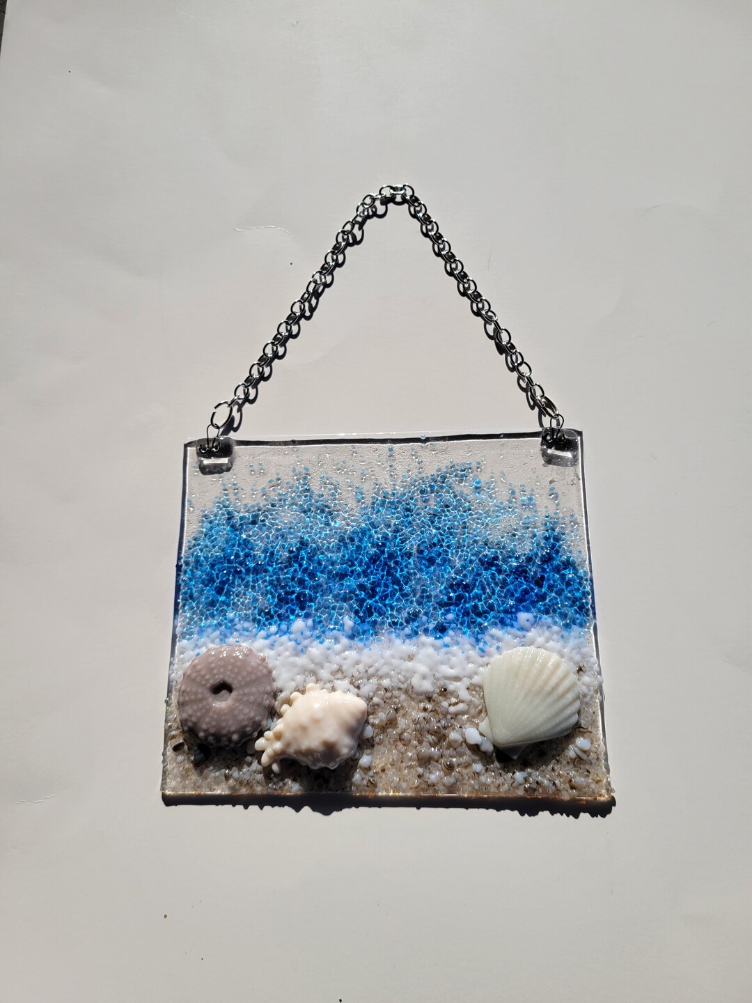 Fused Glass Beach Scene, Ocean Suncatcher, Sea Scape Picture, Seashell ...