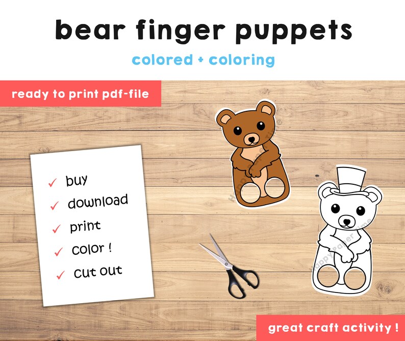 Bear paper craft printable woodland animal Finger Puppet Kids | Etsy