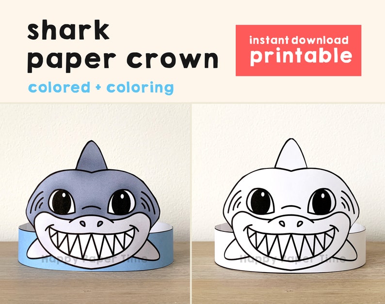 Shark Paper Crown Party Coloring Printable Party Hat Kids - Etsy