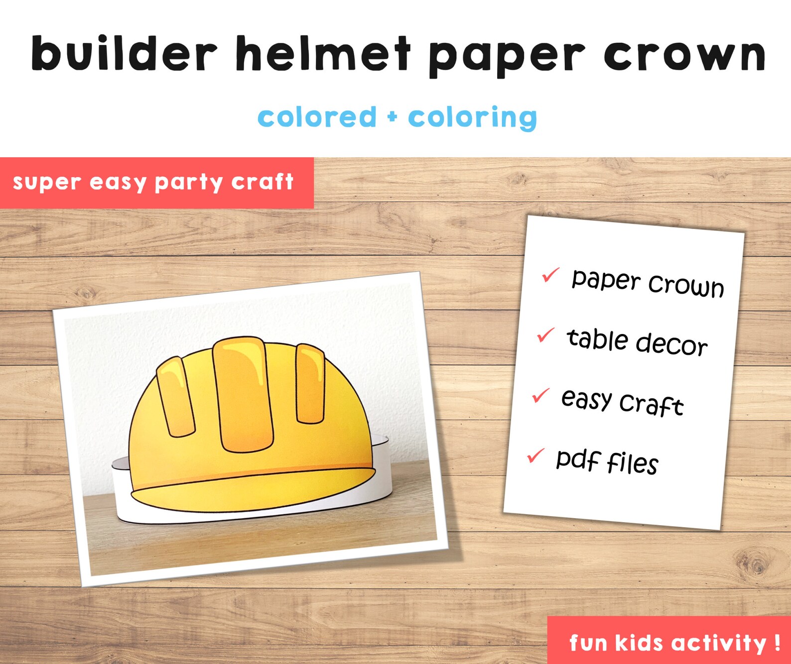 Construction Worker Builder Helmet Paper Crown Party Coloring | Etsy