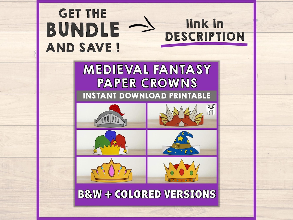 Medieval Fantasy Paper Crown Coloring Headband Knight Dragon Princess ...