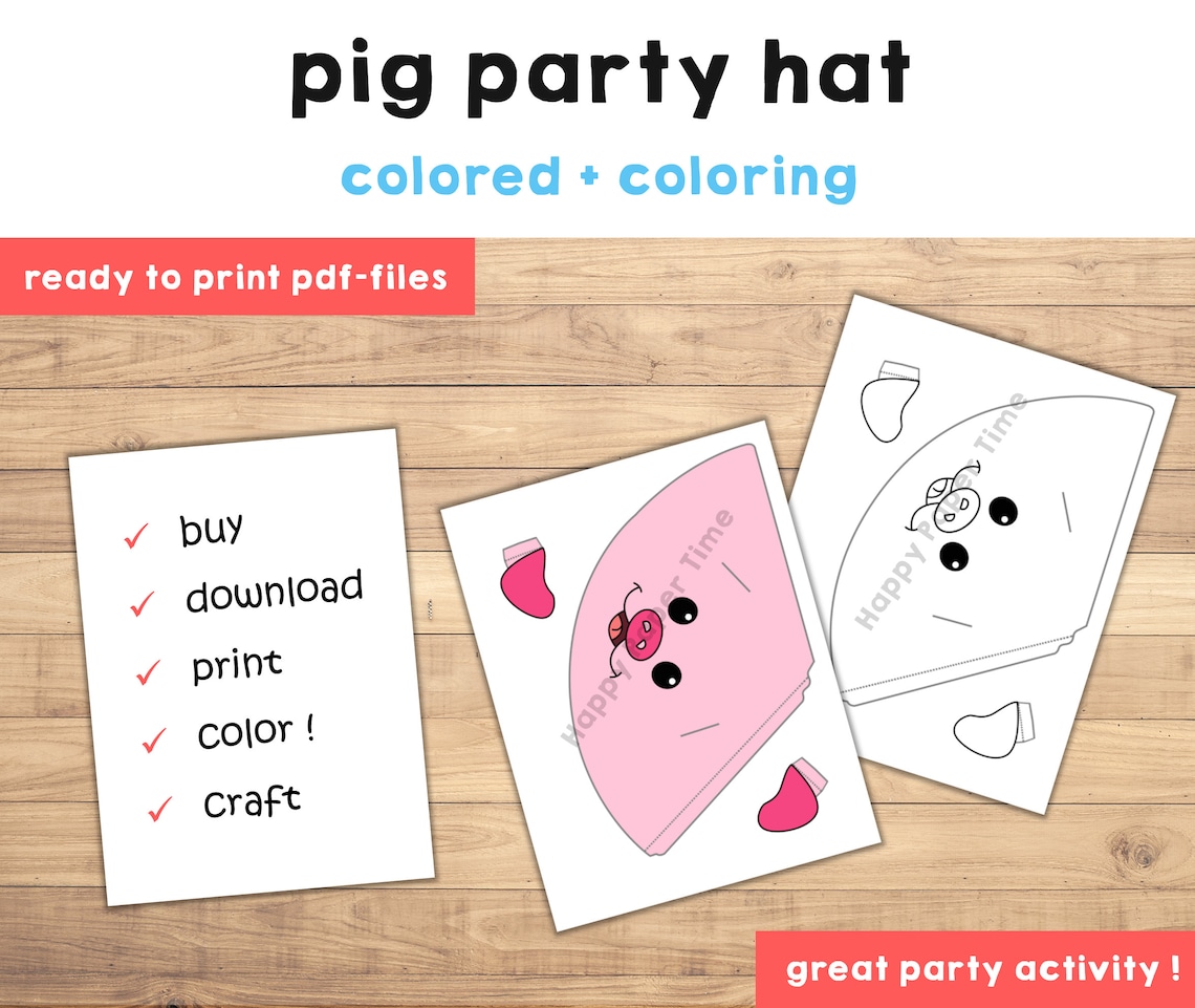Pig Party Hat Paper Printable Template Print Out Farm Animal Table ...