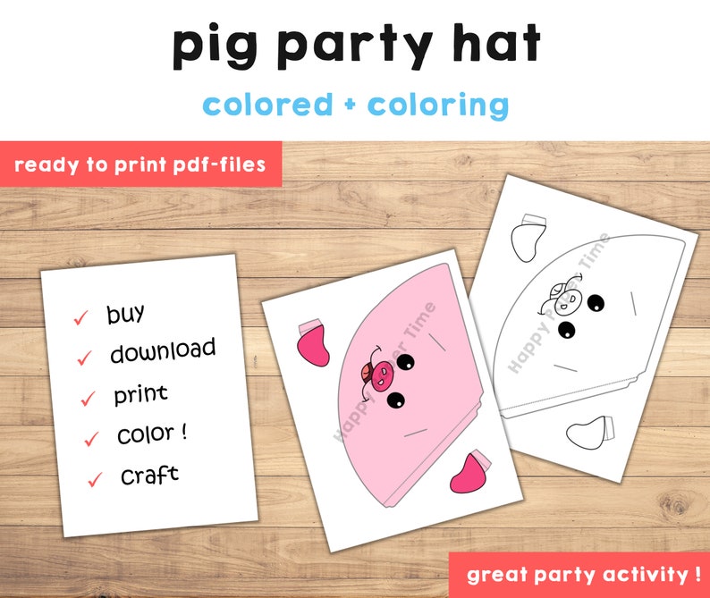 Pig party hat paper printable Template Print out Farm animal | Etsy