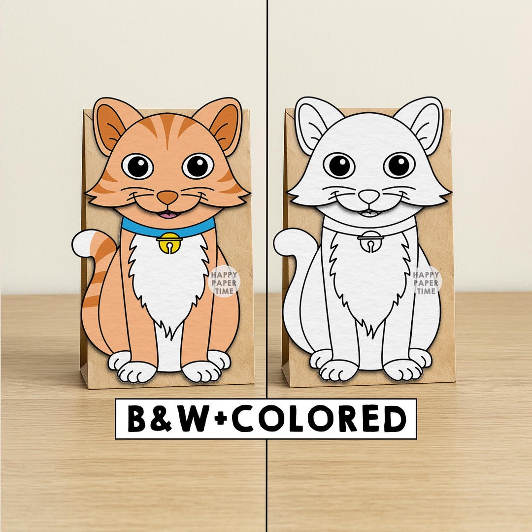 Cat Paper Bag Puppet Kitten Printable Pet Animal Craft Activity Cut ...
