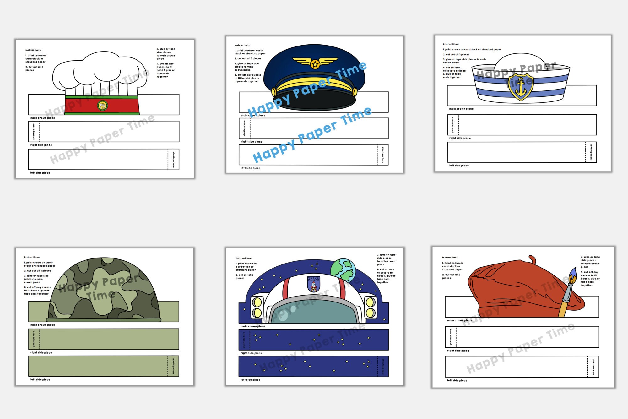 Community Helpers Paper Crowns Astronaut Pilot Chef Sailor Soldier ...