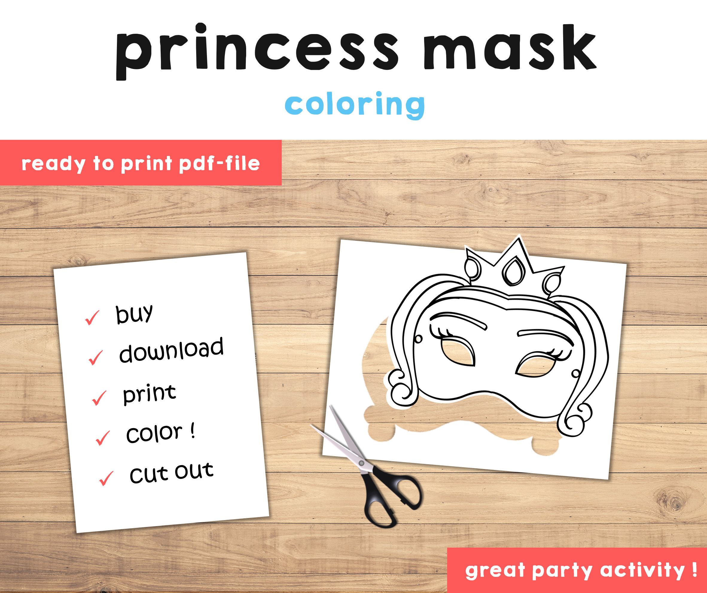 Princess Mask Printable Coloring Princess Party Favor Princess - Etsy