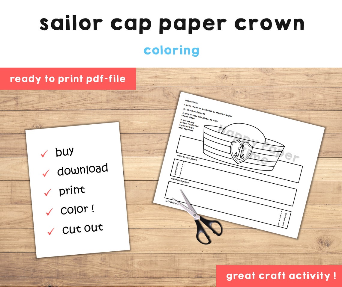 Sailor Hat Cap Paper Crown Party Coloring Printable Kids Craft - Etsy
